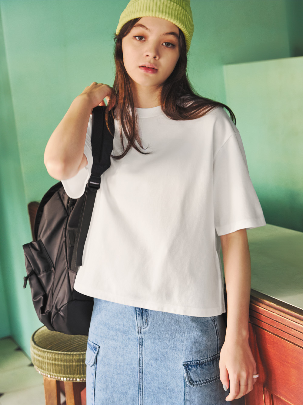 「男女適穿-DRY羅馬布圓領T恤(5分袖)、網路獨家-超寬版直筒褲+EC(褲長稍長79cm)」的穿搭推薦| GU