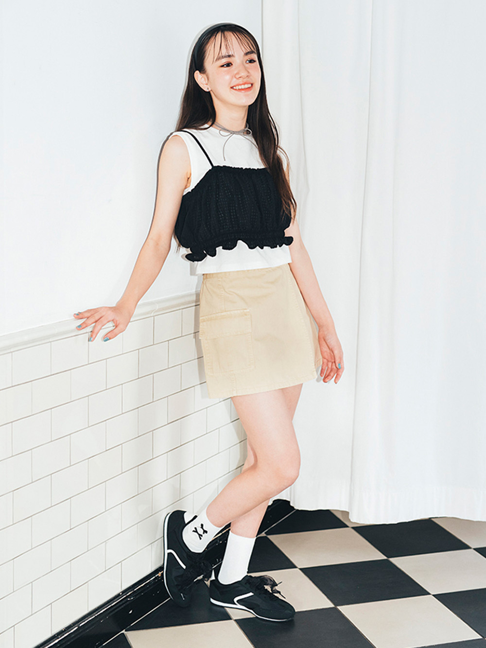 「GIRLS2ピーステクスチャーシャツ(半袖)JR、GIRLS2ピースチュールキャミソールセットT JR」を使った着こなし| ジーユー