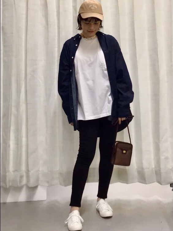 「ボーダークルーネックT(半袖)OSB+EC、スウェTハーフジップ(5分袖)(ロゴ)」の着用コーディネート| ジーユー