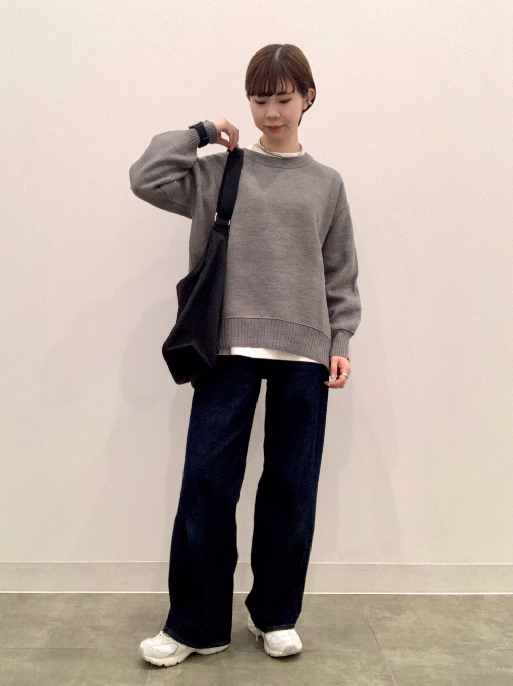 「コージーメルトンオーバーサイズハーフコート、ソフトシャギーセーター(長袖)NT+E」の着用コーディネート| ジーユー