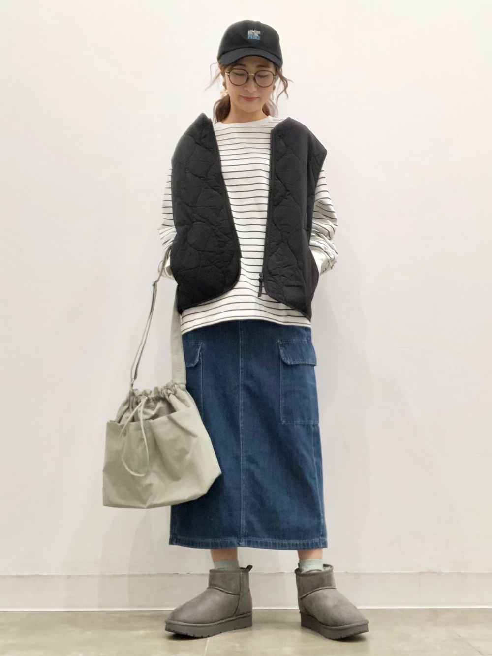 「ヒートパデッドキルティングベストSW、シアーシャーリングT(長袖)」の着用コーディネート| ジーユー