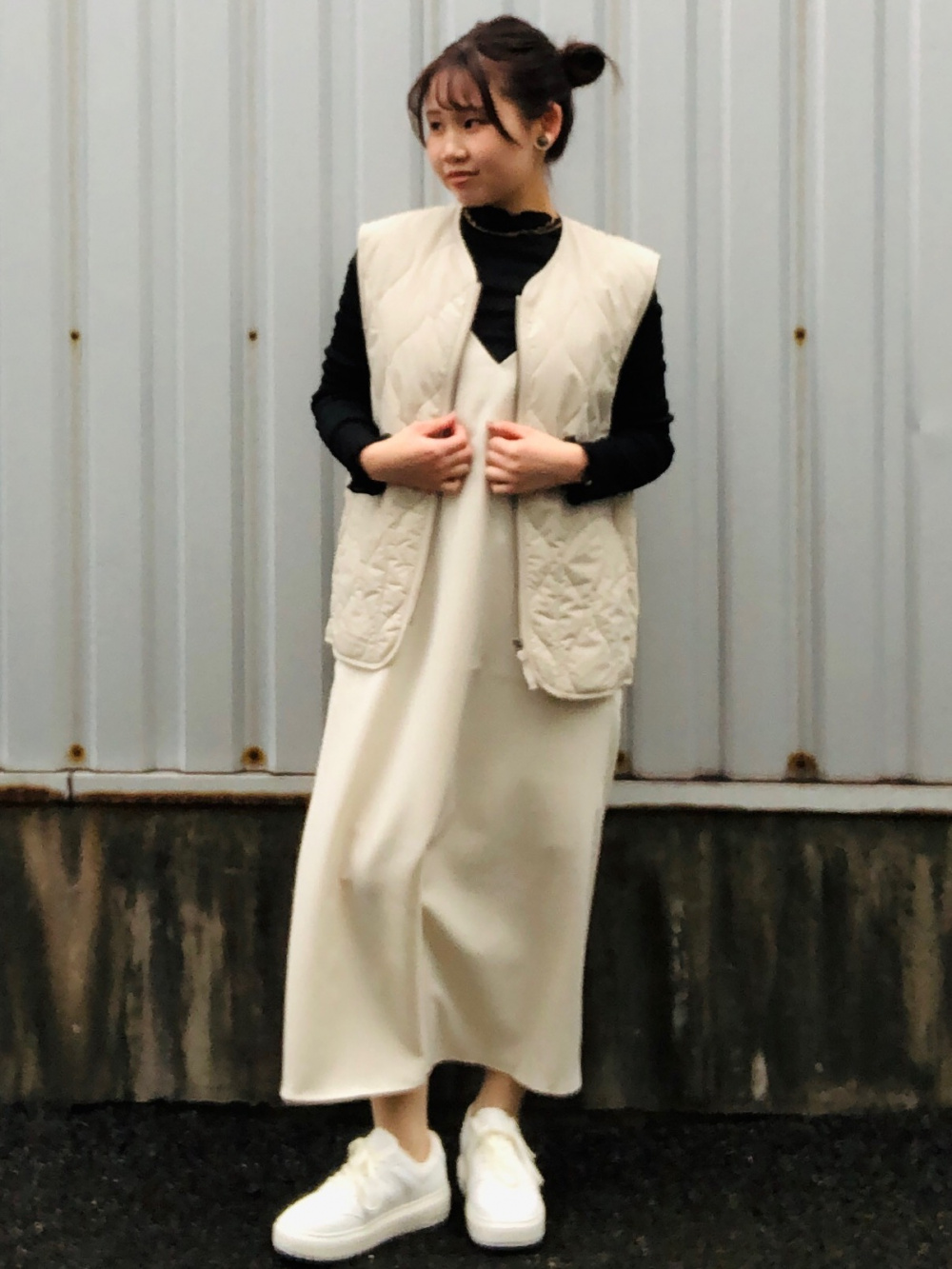 「ヒートパデッドキルティングベストSW、シアーシャーリングT(長袖)」の着用コーディネート| ジーユー