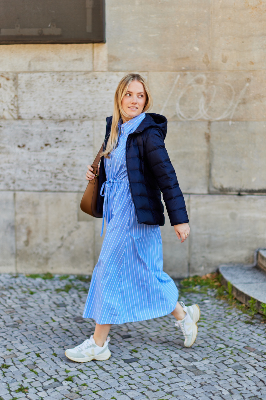 Check Styling Ideas For「striped Cotton Long Sleeve Long Shirt Dress、round Mini Shoulder Bag