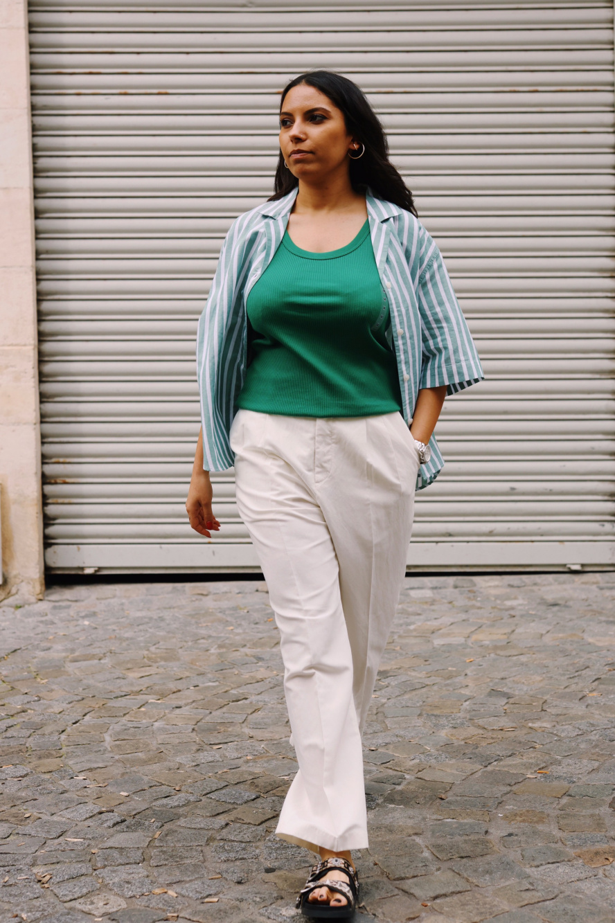 Descubre ideas de looks para「Pantalón corto vaquero、Camisa lino mezcla cuello abierto ((rayas ...