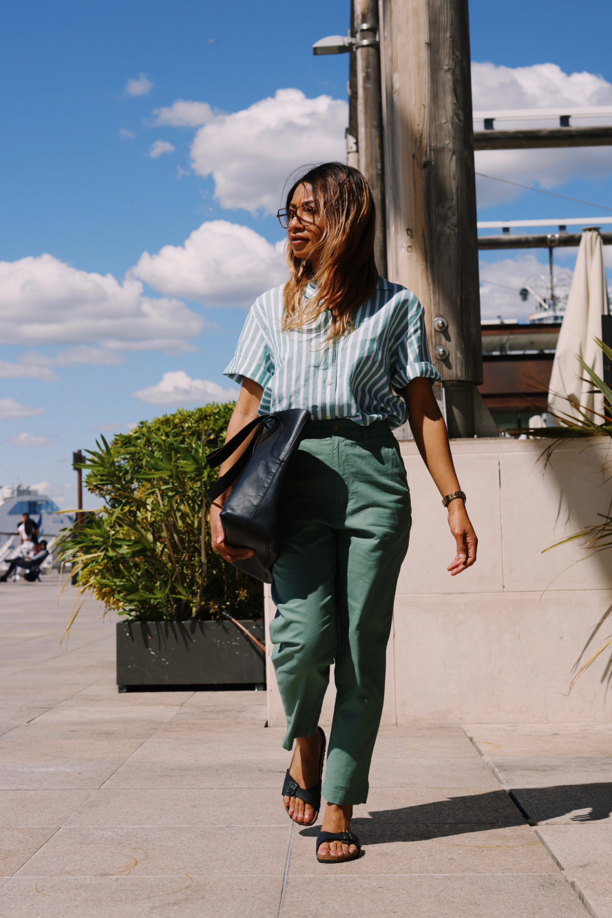 Descubre ideas de looks para「Pantalón corto vaquero、Camisa lino mezcla cuello abierto ((rayas ...