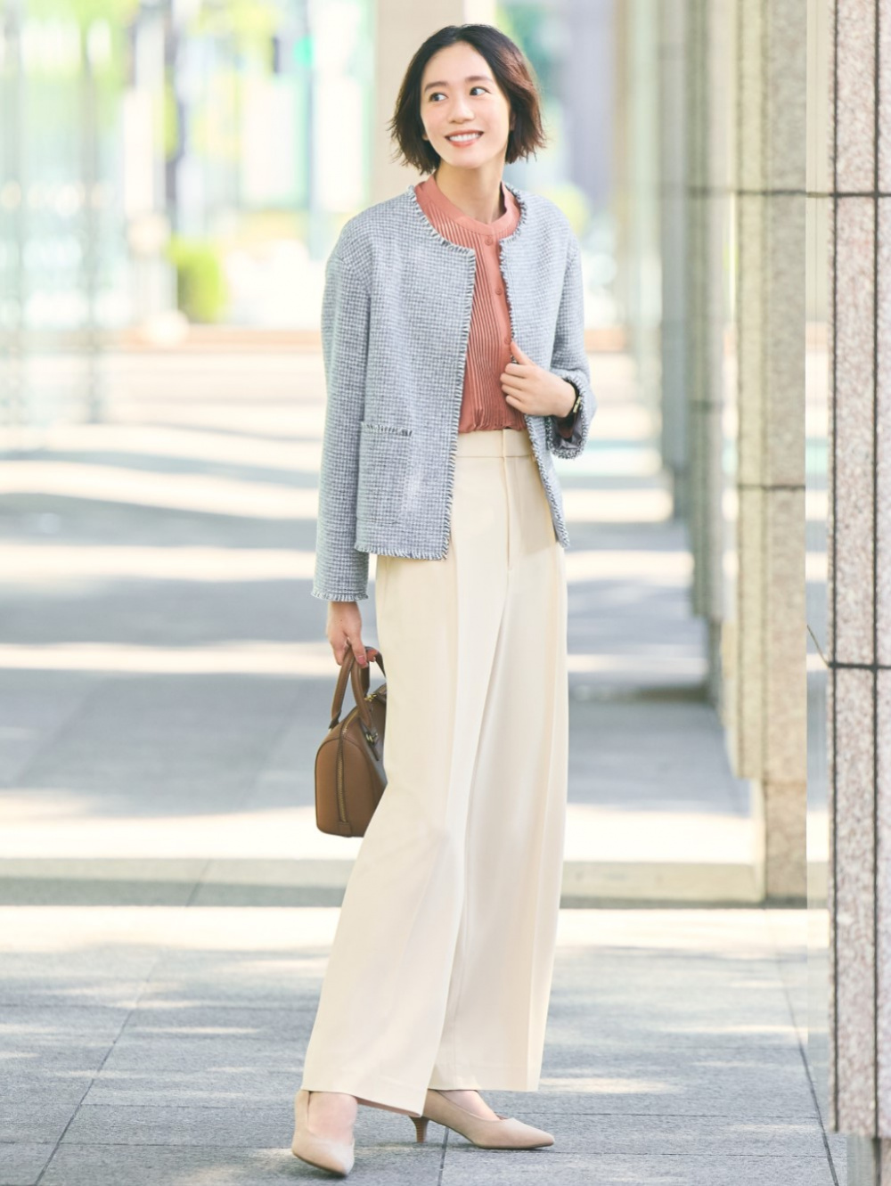 Styling ideas using 「RAYON PINTUCK PULL OVER BLOUSE、TWEED JACKET ...