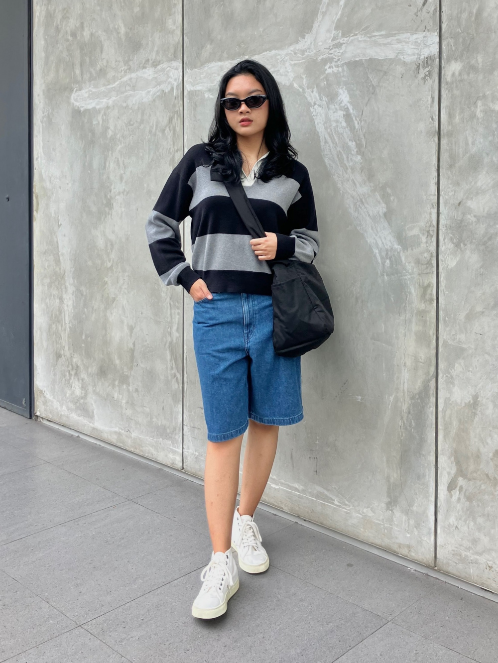 Check styling ideas for「Denim Half Shorts (Bermuda Shorts)、Crew Neck ...