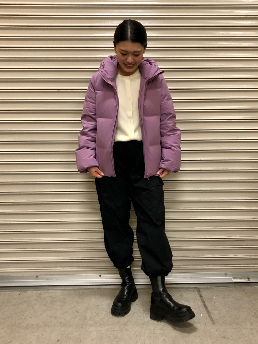 「リブクルーネックT（5分袖）、ニットショートジャケット（長袖）」の着用コーディネート| ユニクロ公式