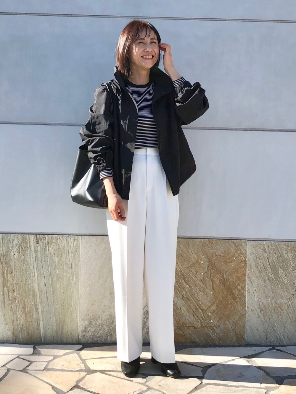 「UVカットユーティリティブルゾン、ソフトリブボーダークルーネックT」の着用コーディネート| ユニクロ公式