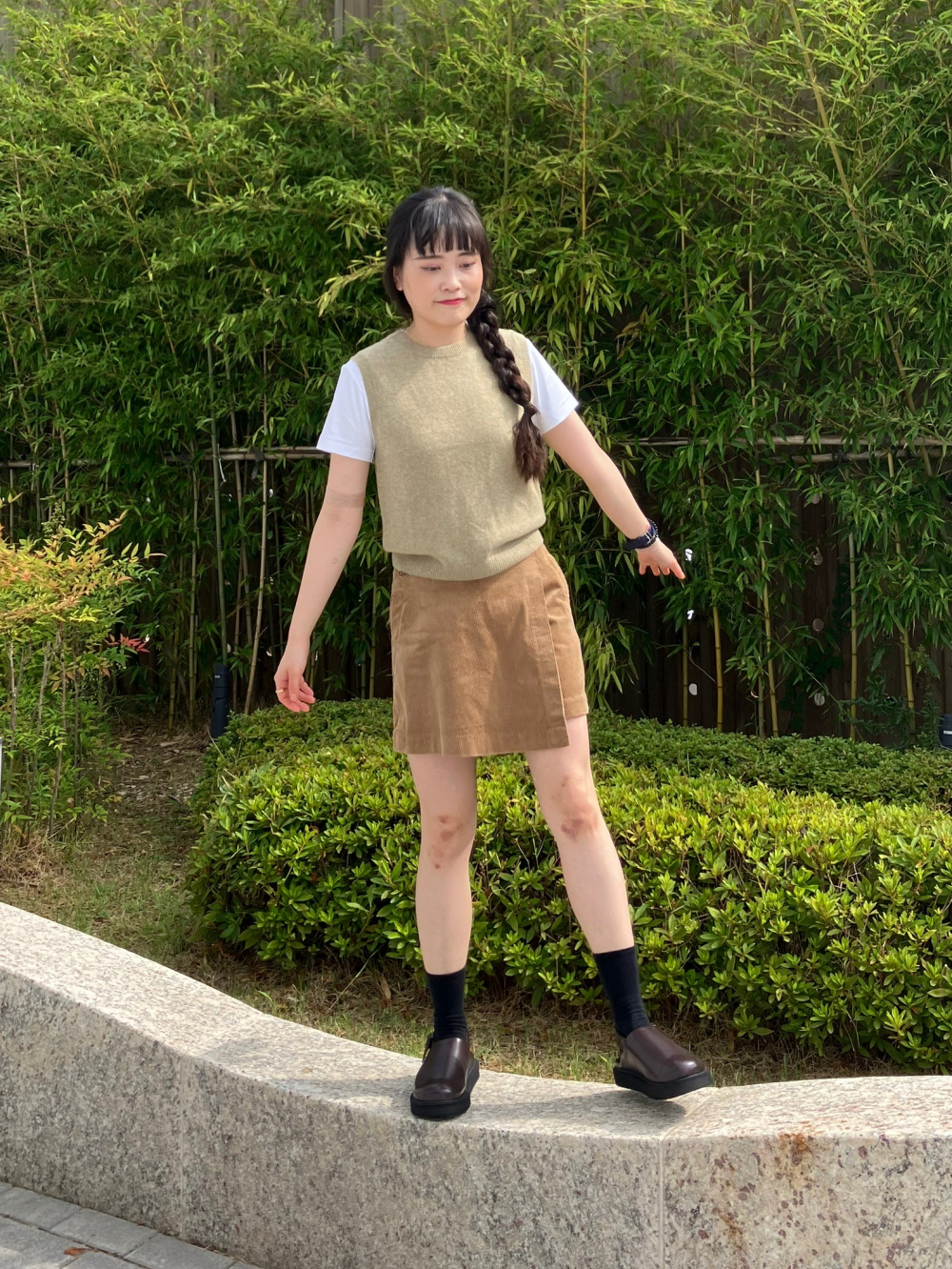 Check styling ideas for「Knitted Short Jacket | Stripe、Clog Shoes ...