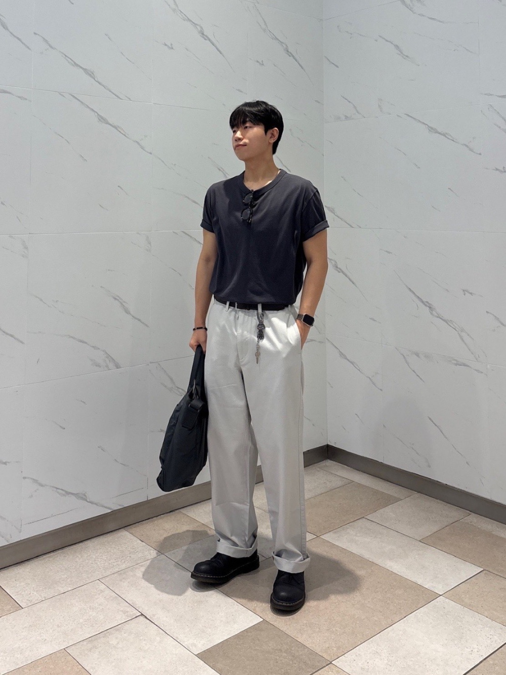 Check styling ideas for「Straight Chino Pants、Italian Oiled Leather Belt ...