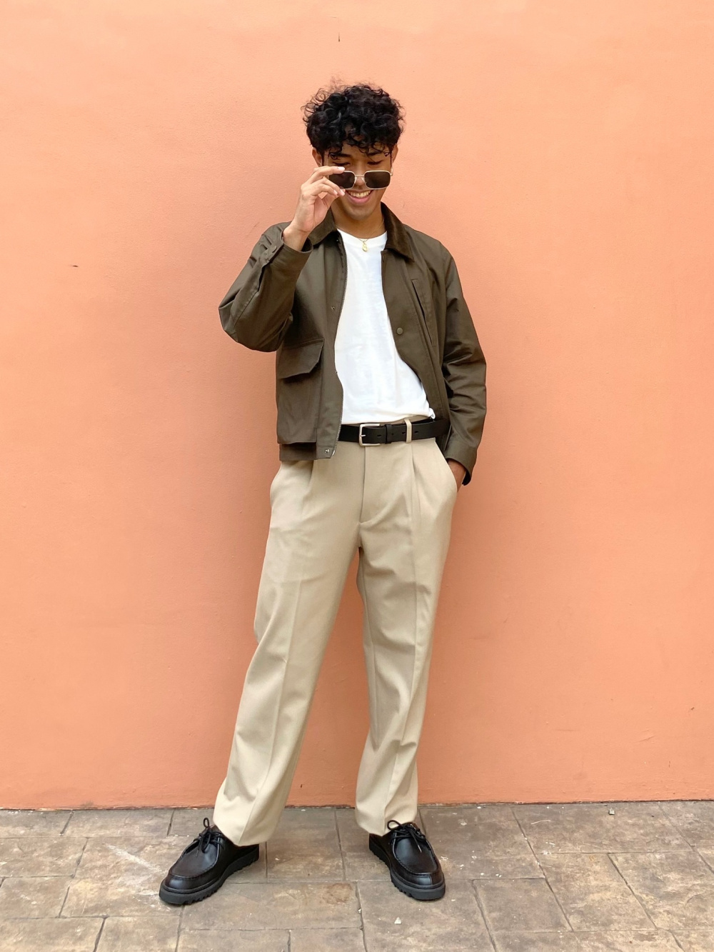 Check styling ideas for「Utility Short Blouson、Wide Fit Chino Pants ...