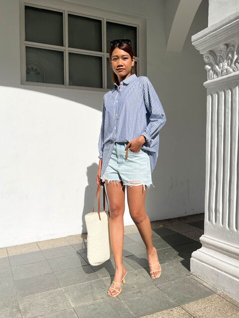 Check styling ideas for High Rise Denim Shorts Cotton Striped Long Sleeve Long Shirt UNIQLO PH