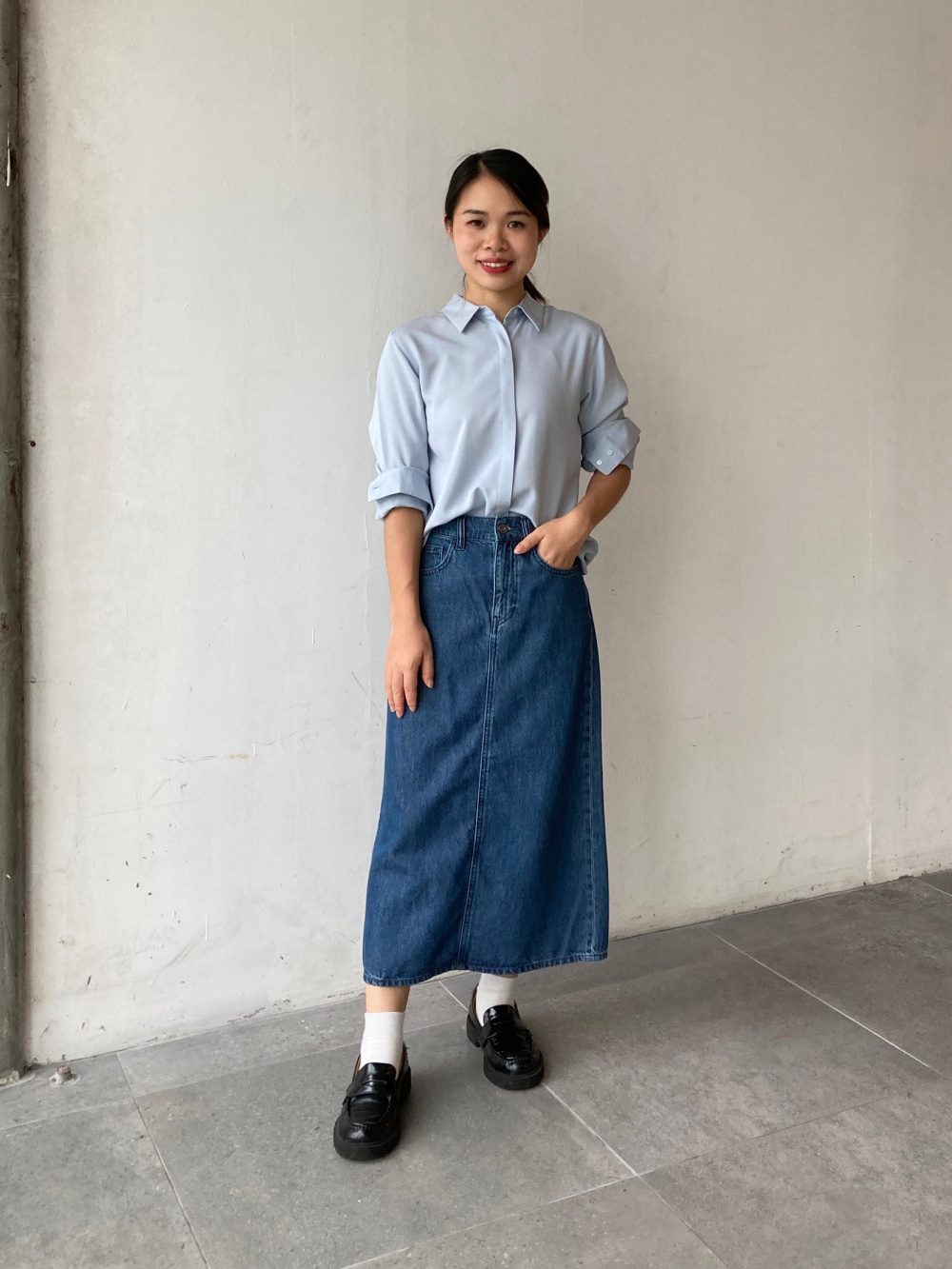 Check styling ideas for「Comfeel Touch Loafer、Drapey Denim Narrow Skirt ...