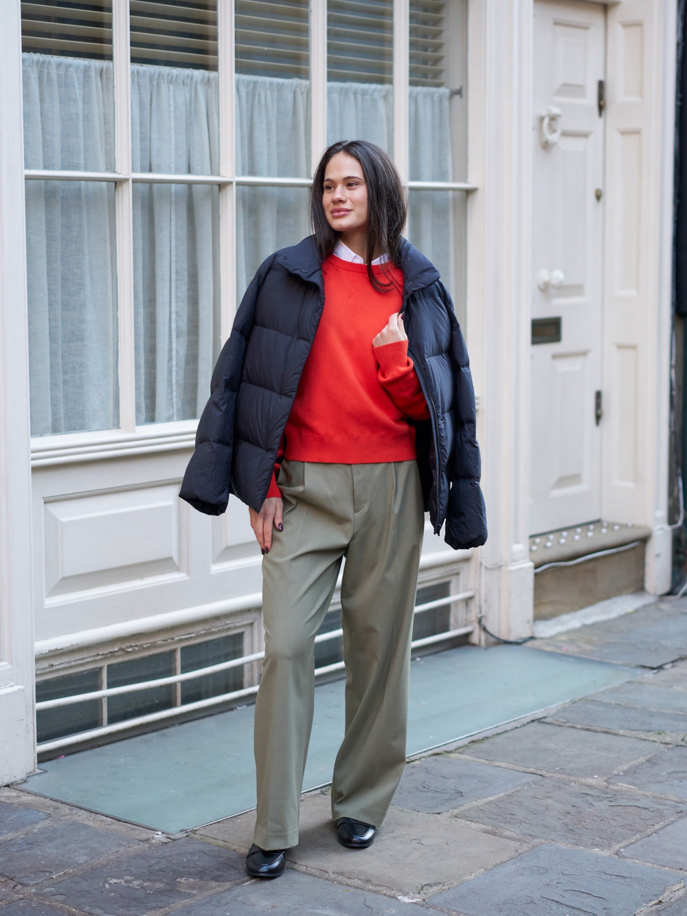 Check styling ideas for「Powder Soft Down Jacket、100% Cashmere Crew Neck ...