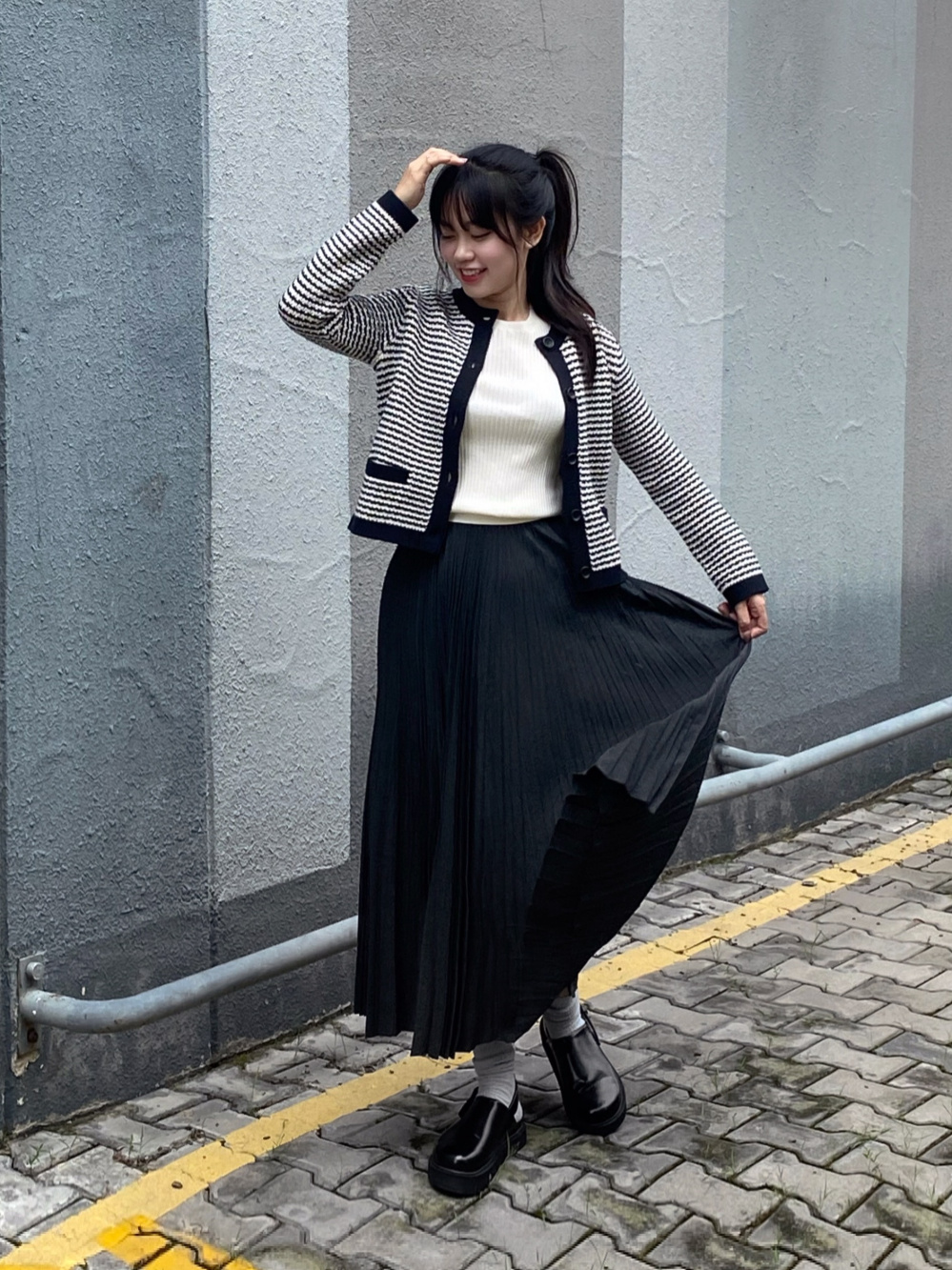 Check styling ideas for「Knitted Short Jacket | Stripe、Clog Shoes ...