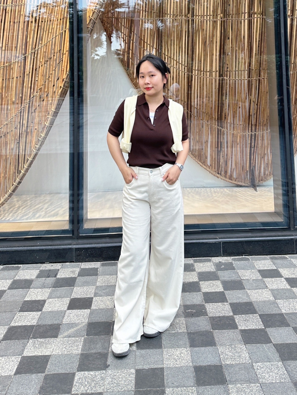Check styling ideas for「Drapey Wide Flare Jeans、Rayon Blouse Striped ...